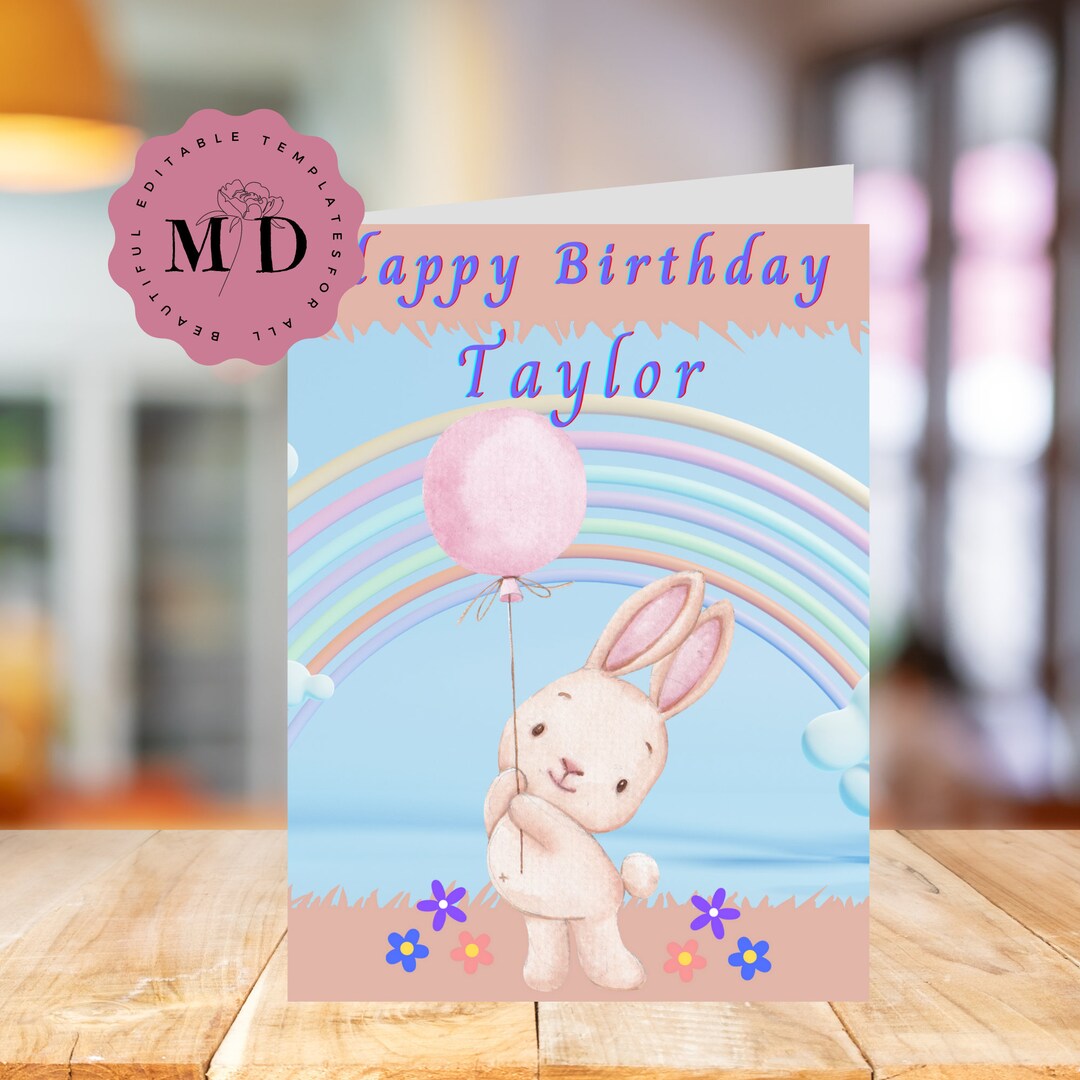 EDITABLE Bunny Rabbit Birthday Card Template, DIGITAL DOWNLOAD ...