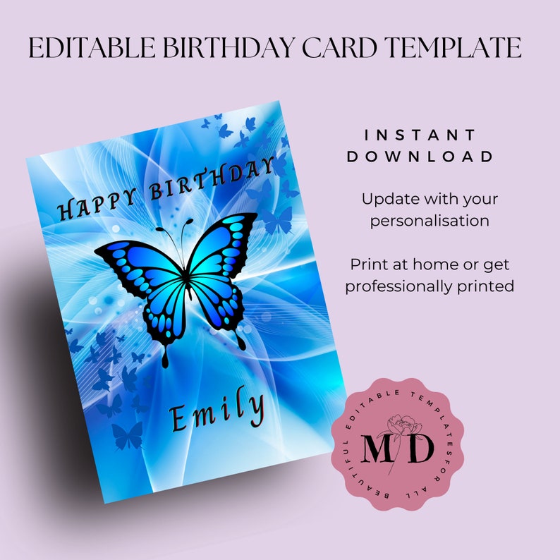 EDITABLE Butterfly Birthday Card Template, DIGITAL DOWNLOAD, Instantly ...