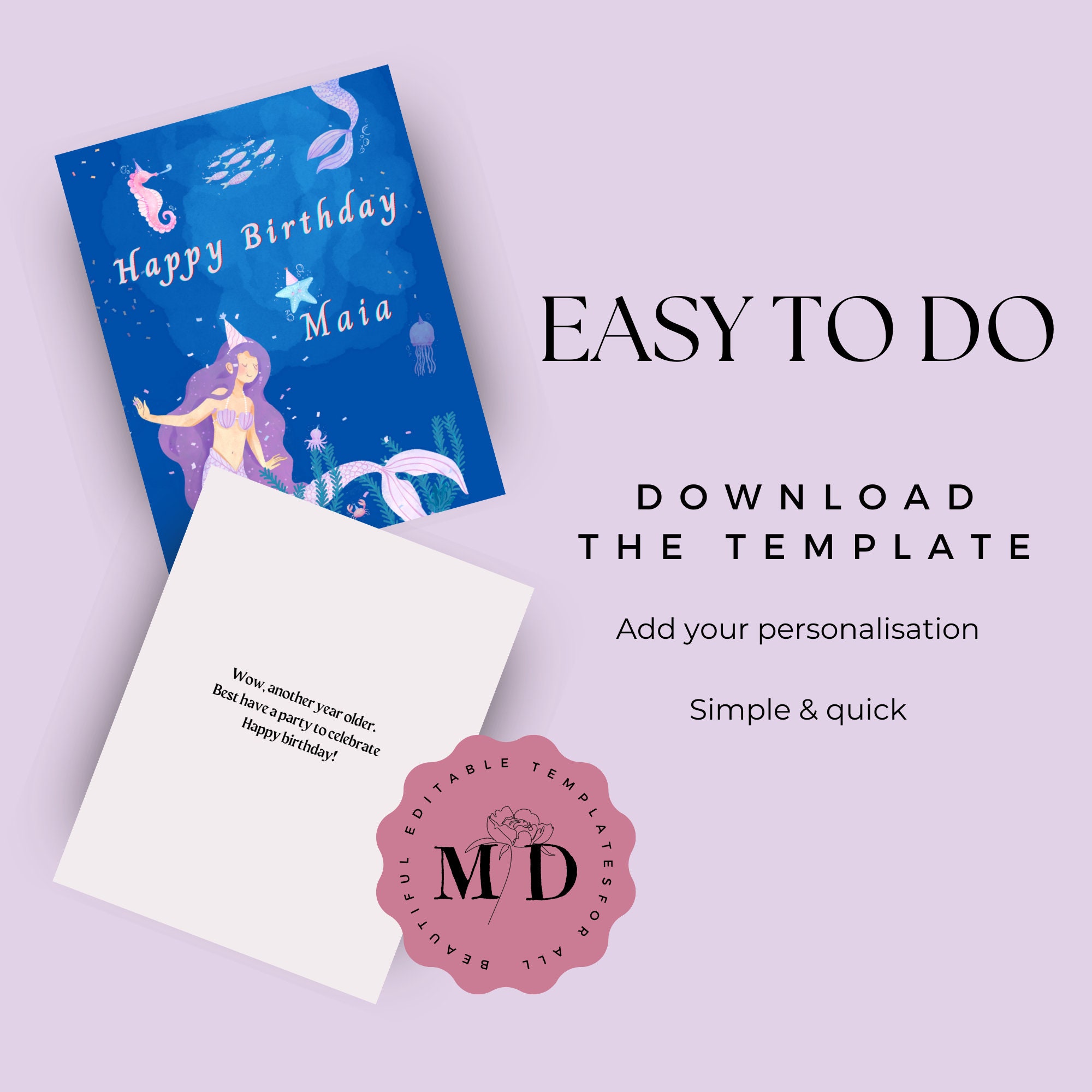 EDITABLE Mermaid Birthday Card Template, DIGITAL DOWNLOAD, Instant ...