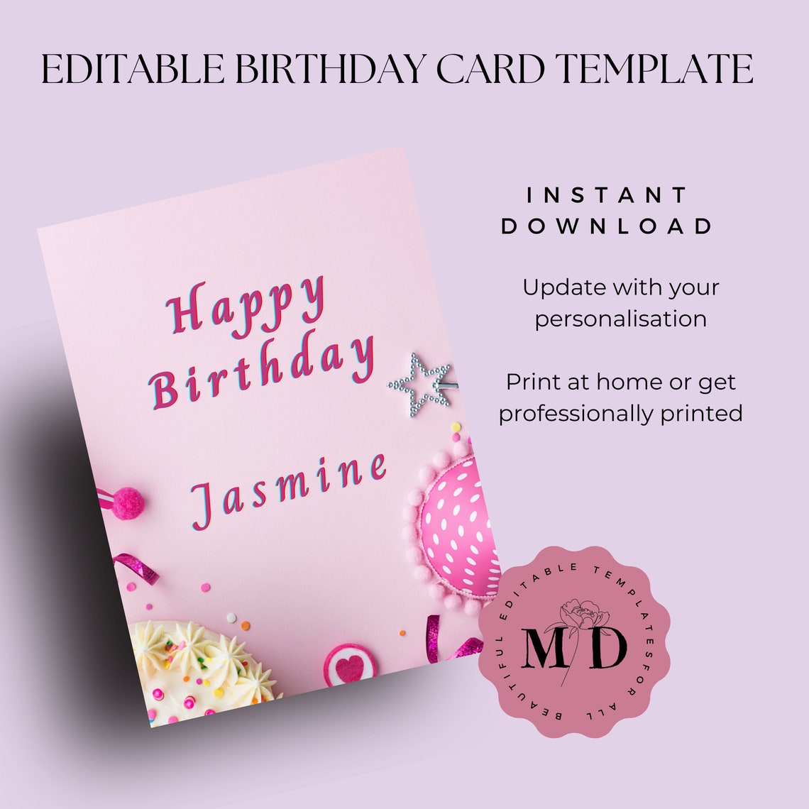 EDITABLE Pink Birthday Card Template, DIGITAL DOWNLOAD, Instant ...