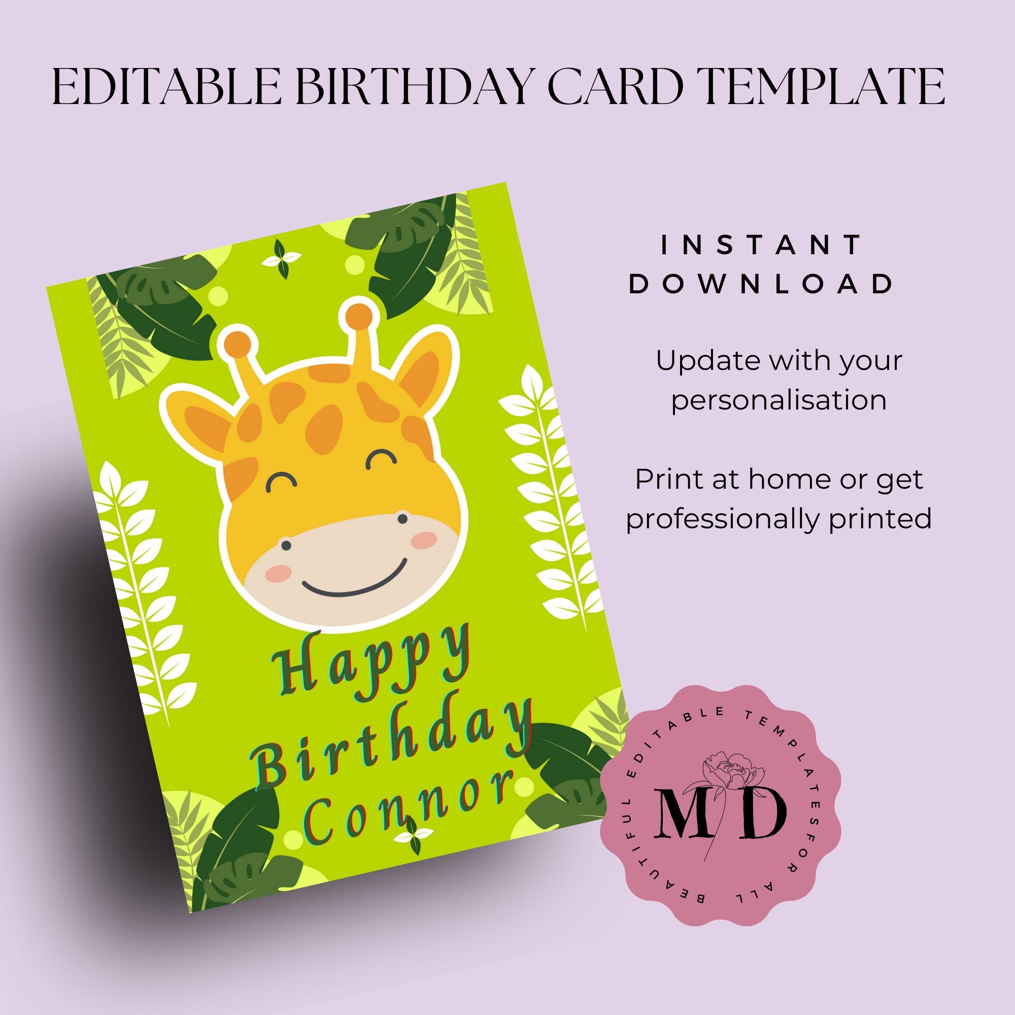 EDITABLE Giraffe Birthday Card Template, DIGITAL DOWNLOAD, Instantly ...