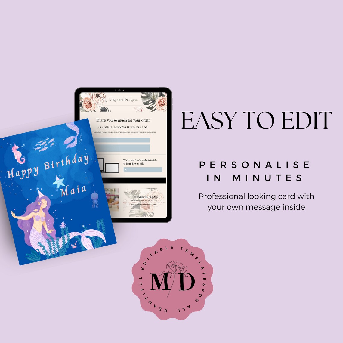 EDITABLE Mermaid Birthday Card Template, DIGITAL DOWNLOAD, Instant ...