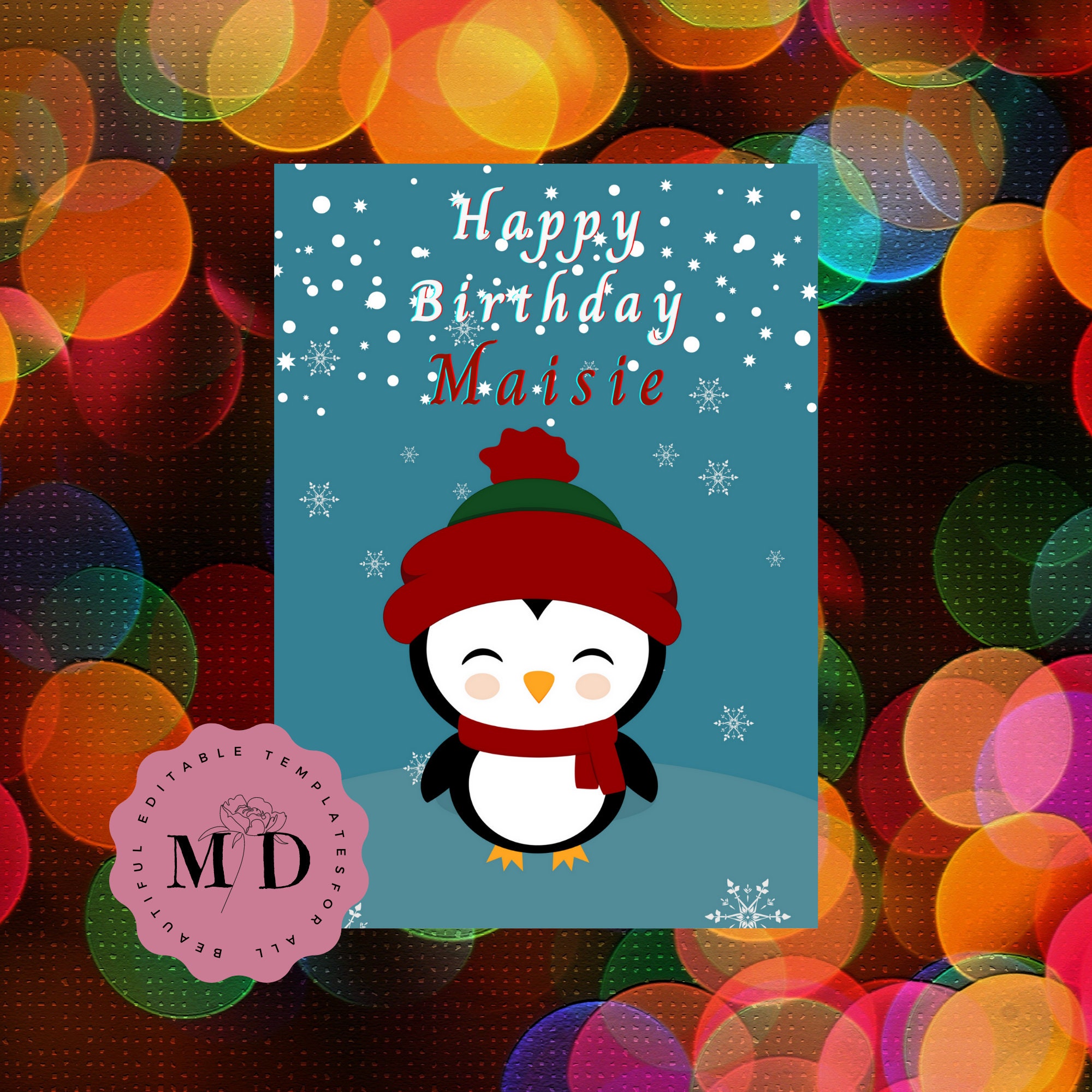 EDITABLE Penguin Birthday Card Template, DIGITAL DOWNLOAD, Instant ...