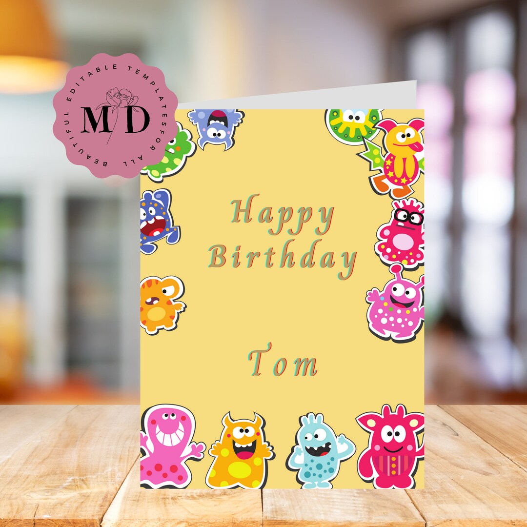 EDITABLE Monster Birthday Card Template, DIGITAL DOWNLOAD, Instant ...