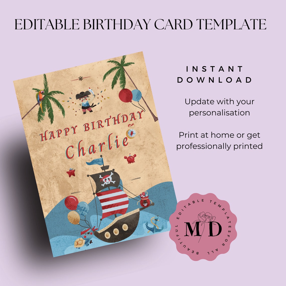 Editable Pirate Ship Birthday Card Template (digital Download) - Etsy