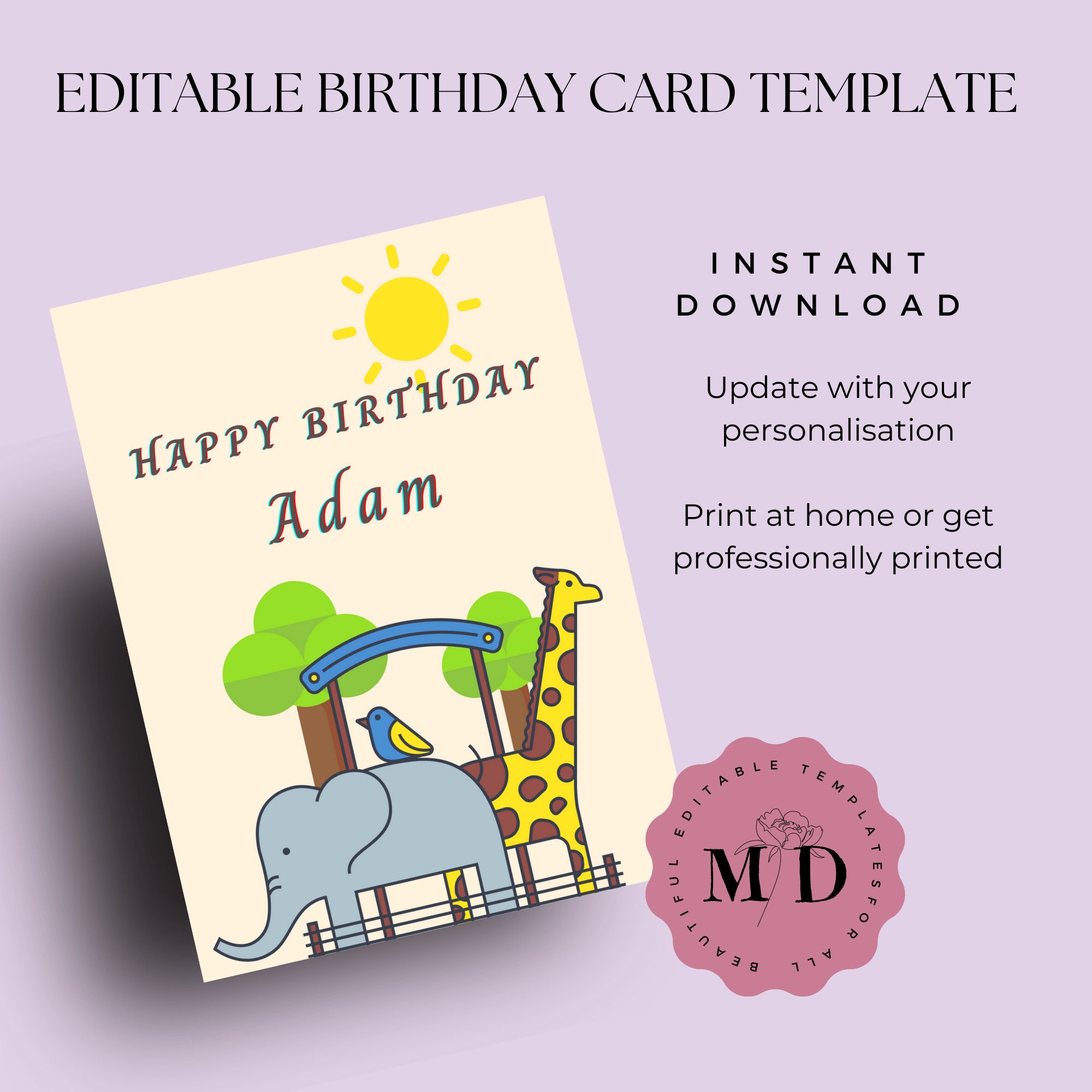 EDITABLE Wild Animal Birthday Card Template, DIGITAL DOWNLOAD ...