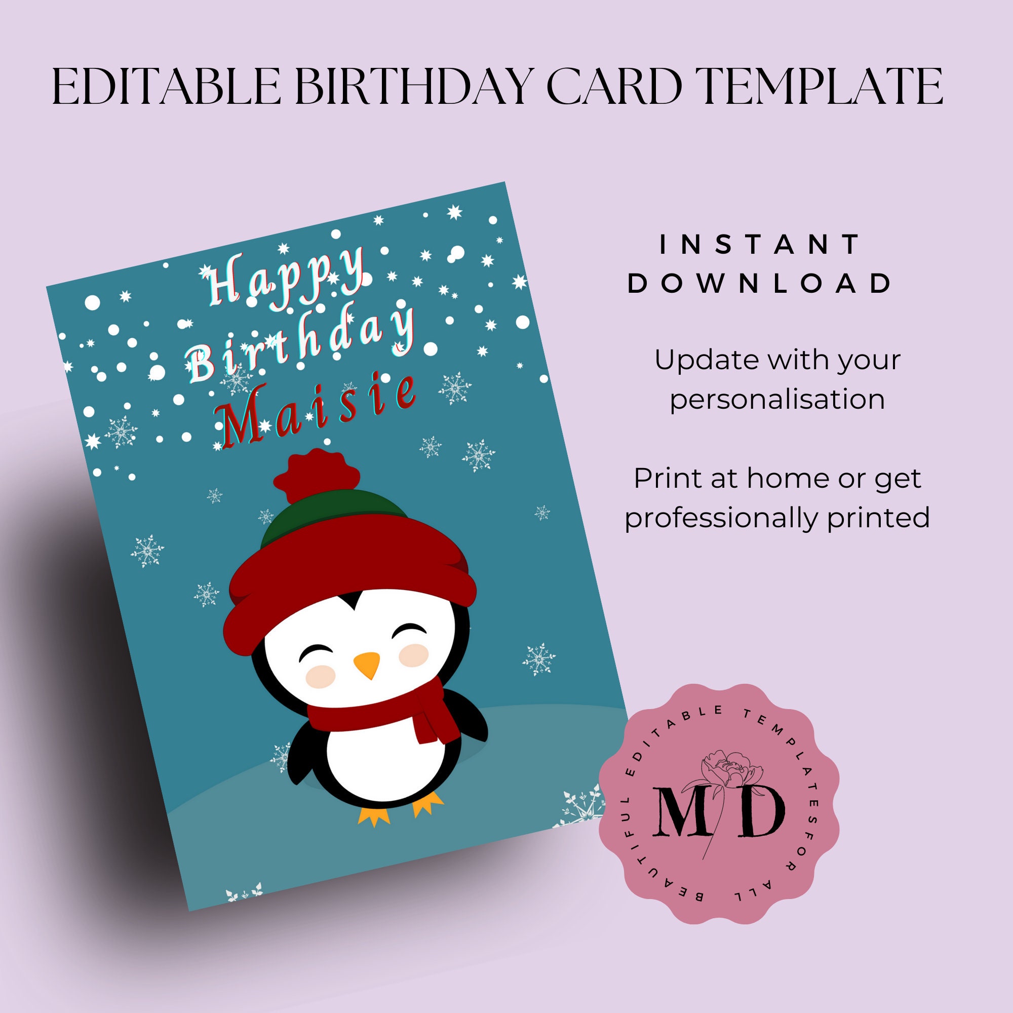 EDITABLE Penguin Birthday Card Template, DIGITAL DOWNLOAD, Instant ...