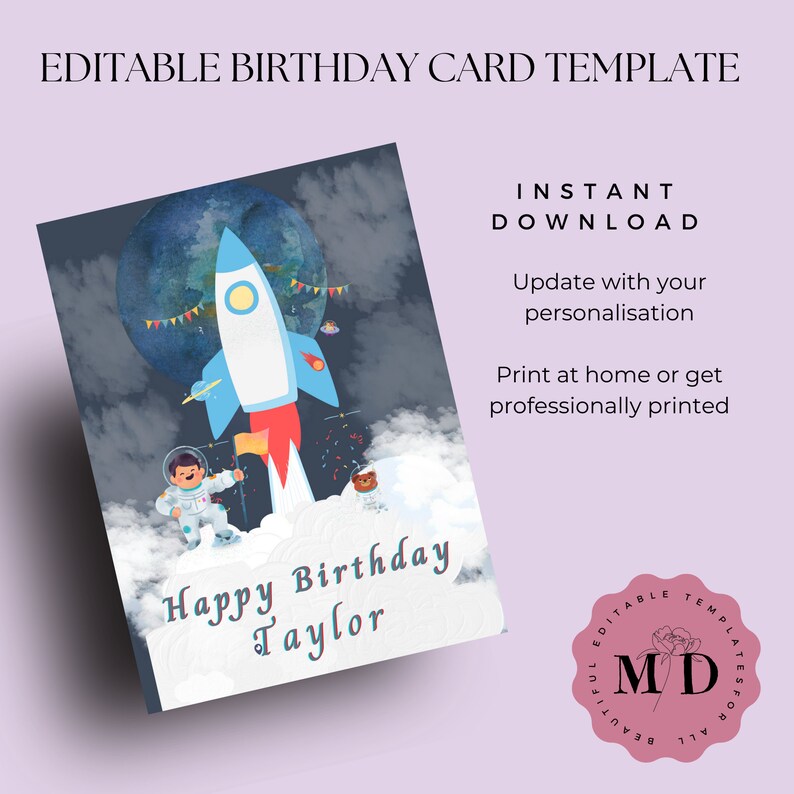 EDITABLE Rocket Birthday Card Template, DIGITAL DOWNLOAD, Instant ...