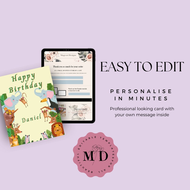 EDITABLE Jungle Animal Birthday Card Template, DIGITAL DOWNLOAD ...