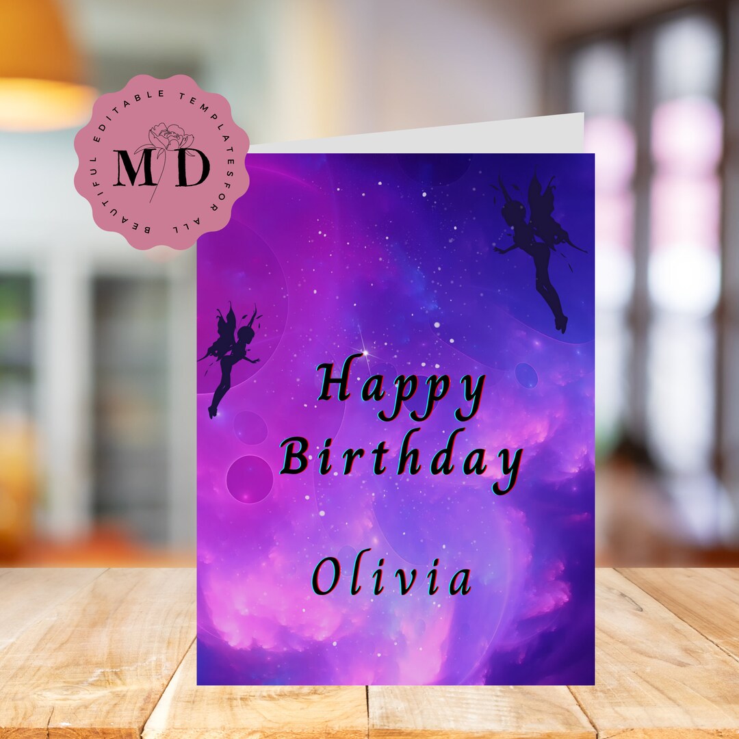 EDITABLE Purple Fairy Birthday Card Template, DIGITAL DOWNLOAD ...