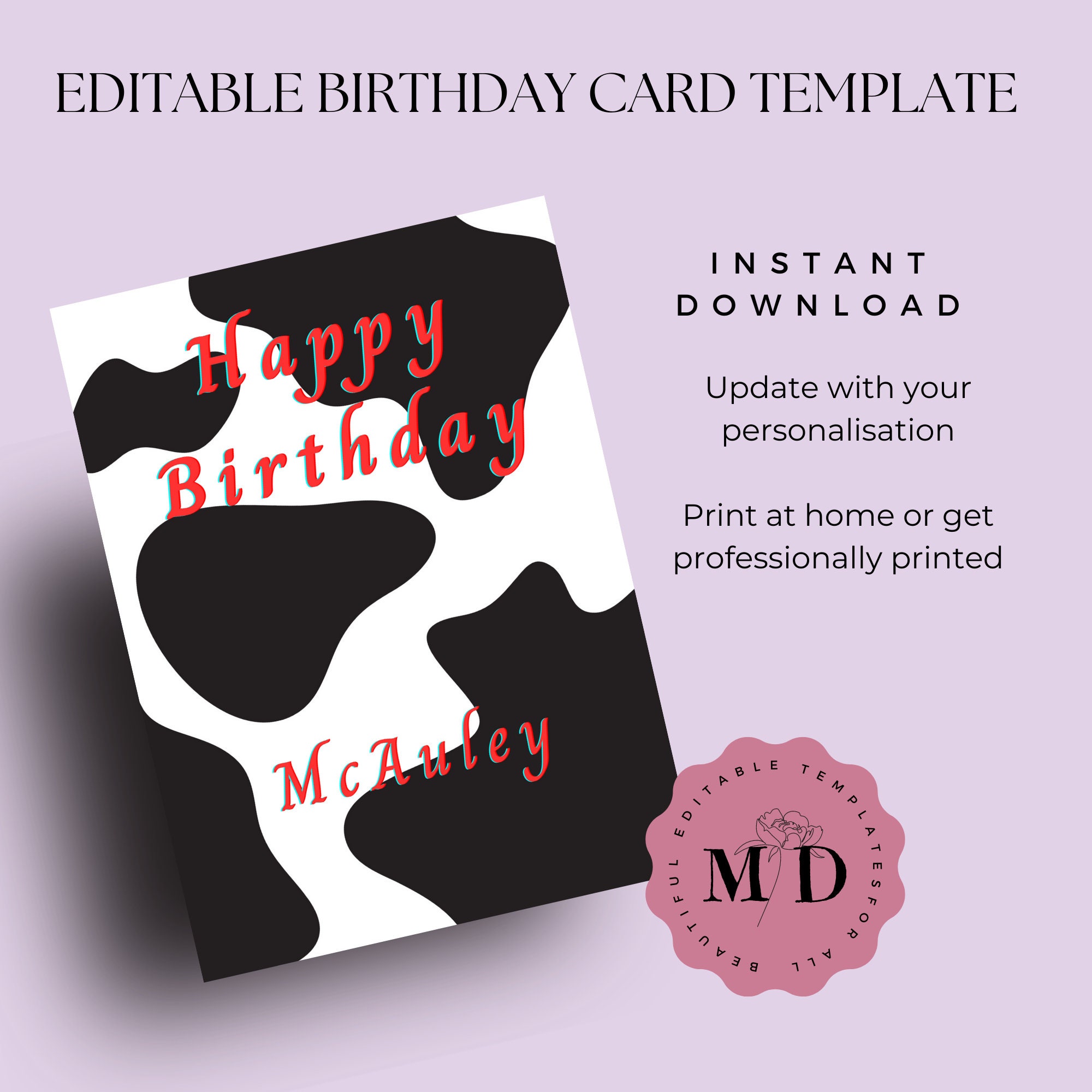 EDITABLE Cow Birthday Card Template, DIGITAL DOWNLOAD, Farmer Card ...