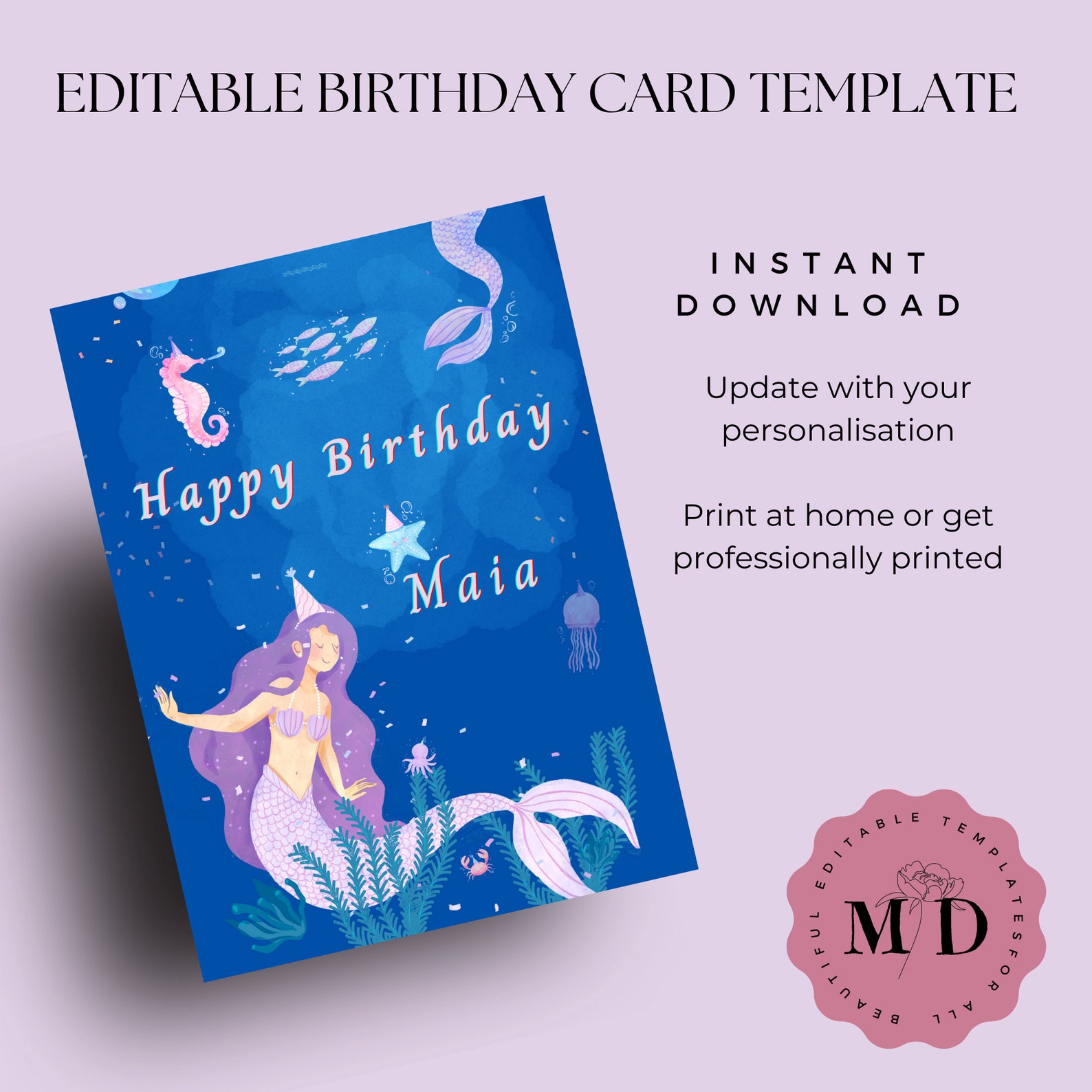 EDITABLE Mermaid Birthday Card Template, DIGITAL DOWNLOAD, Instant ...
