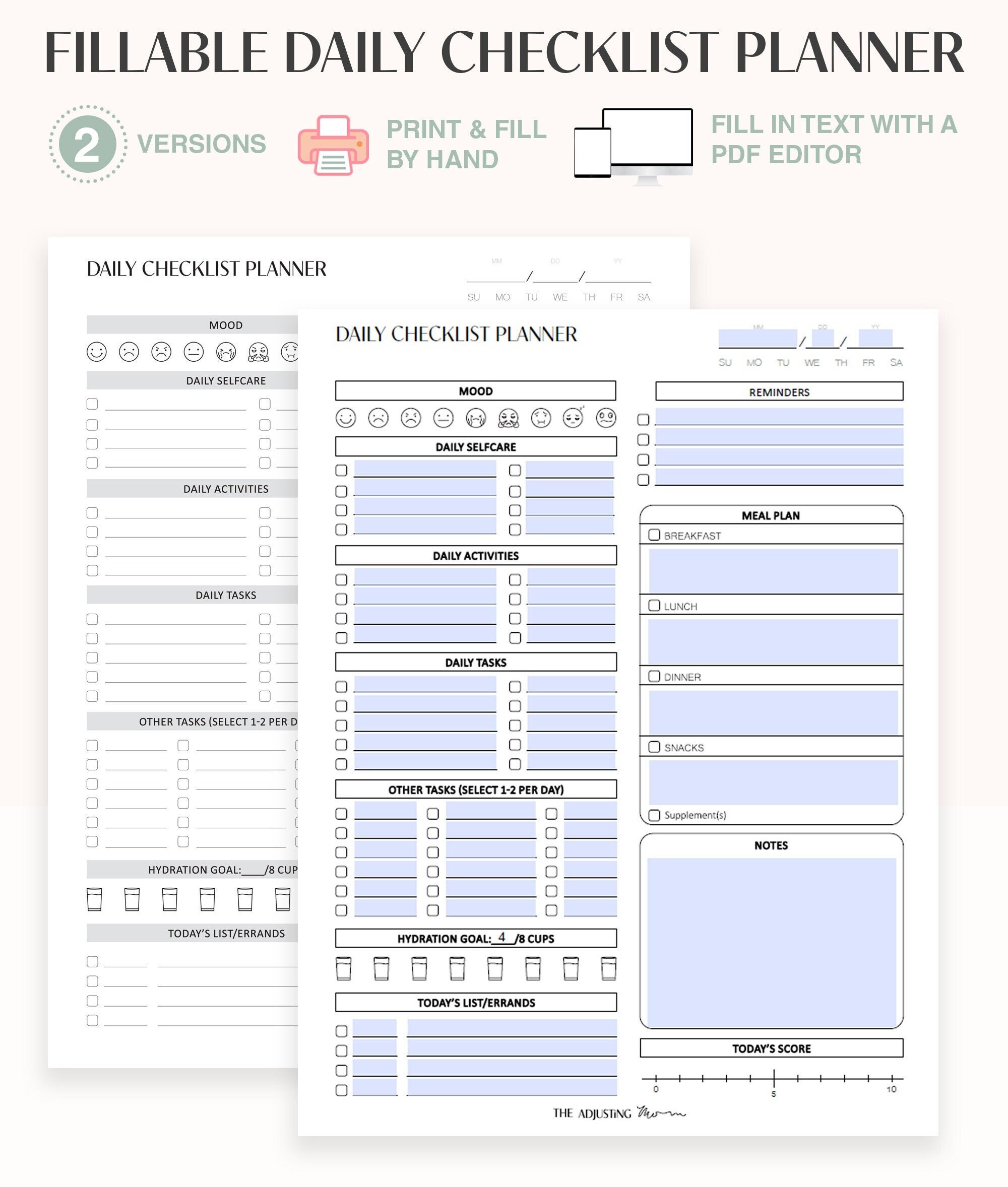 Fillable Daily Planner Checklist With Meal Plan Water - Etsy