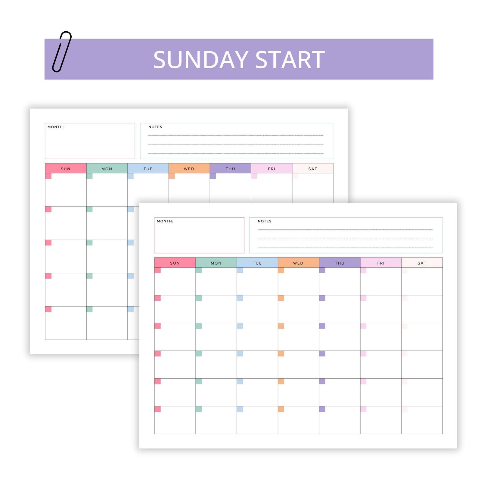 Undated Monthly Calendar Printable, Monday & Sunday Start, Blank ...