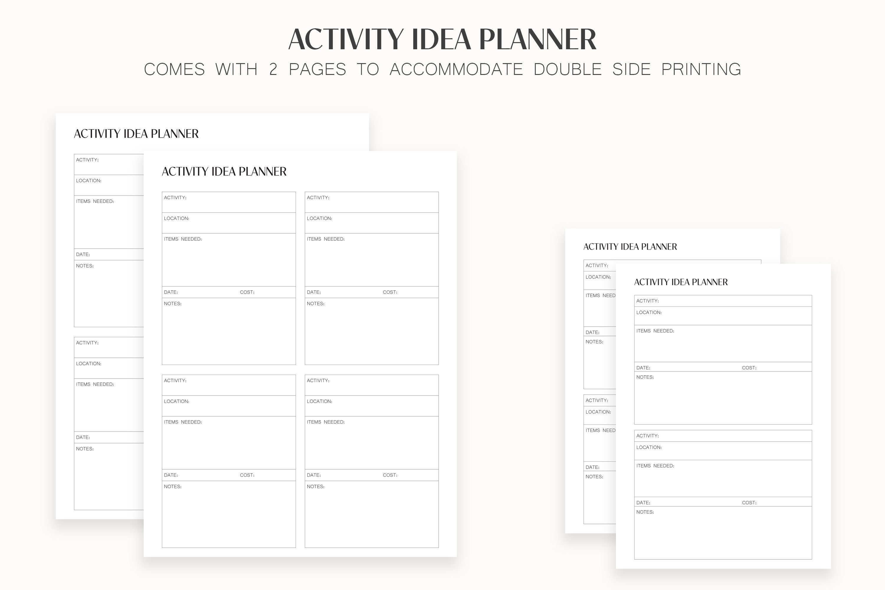 Printable Activity Idea Planner, Letter Size & A5 Paper, Family ...