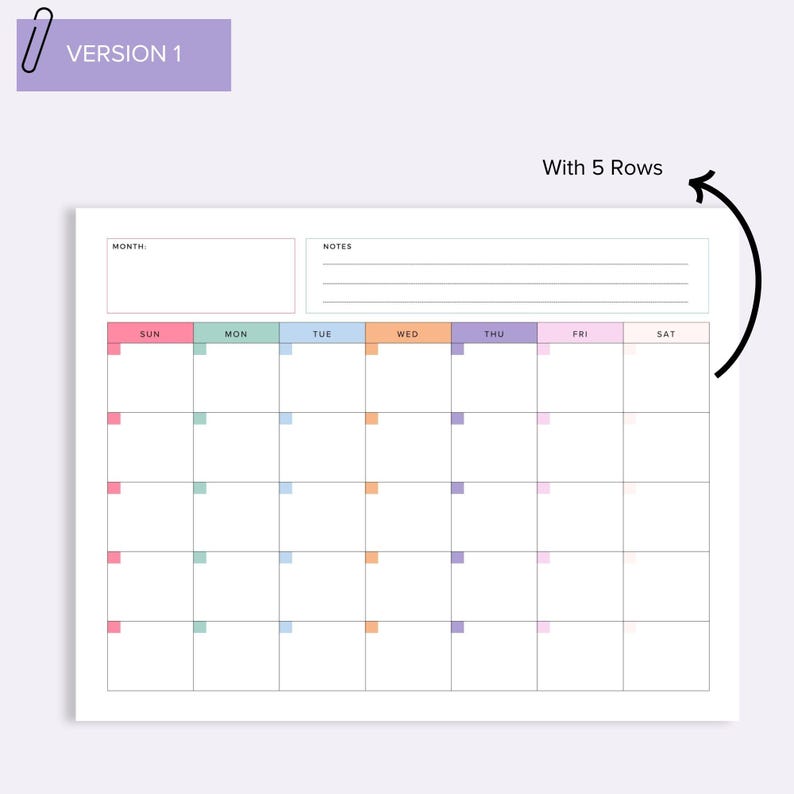 Undated Monthly Calendar Printable, Monday & Sunday Start, Blank ...