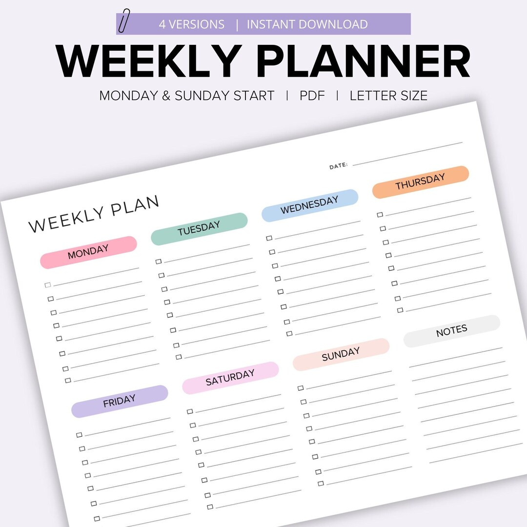 Printable Weekly Planner, Monday & Sunday Start, Week at at Glance ...