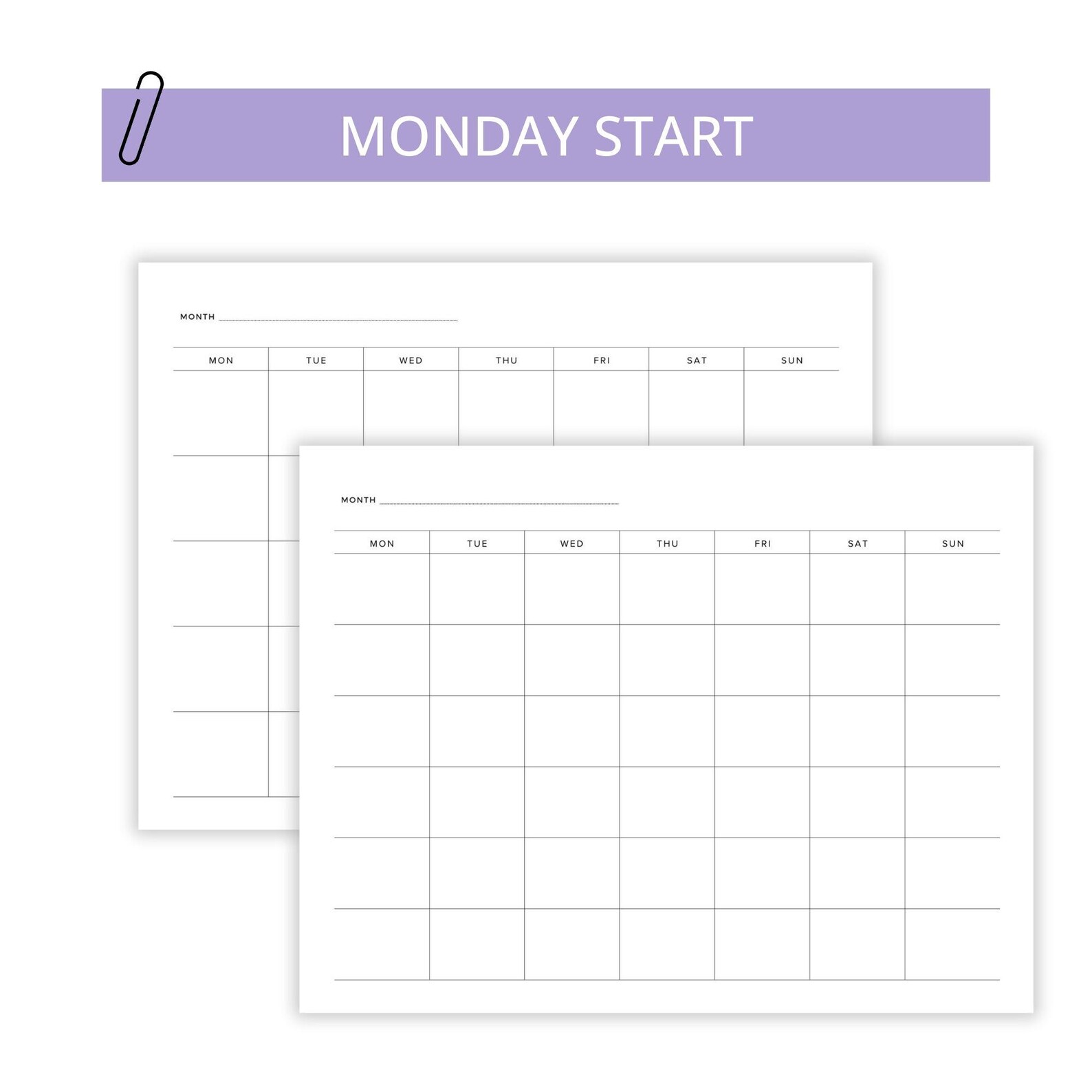 Monthly Calendar Planner Undated, Monday & Sunday Start, Printable ...