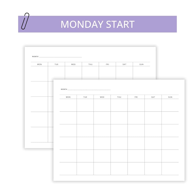 Monthly Calendar Planner Undated, Monday & Sunday Start, Printable ...