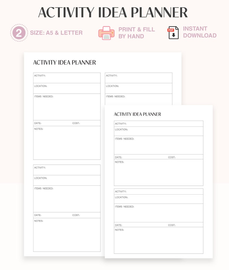 Printable Activity Idea Planner, Letter Size & A5 Paper, Family ...