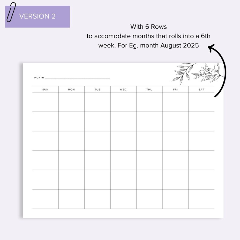 Undated Monthly Calendar Planner, Monday & Sunday Start, Printable ...