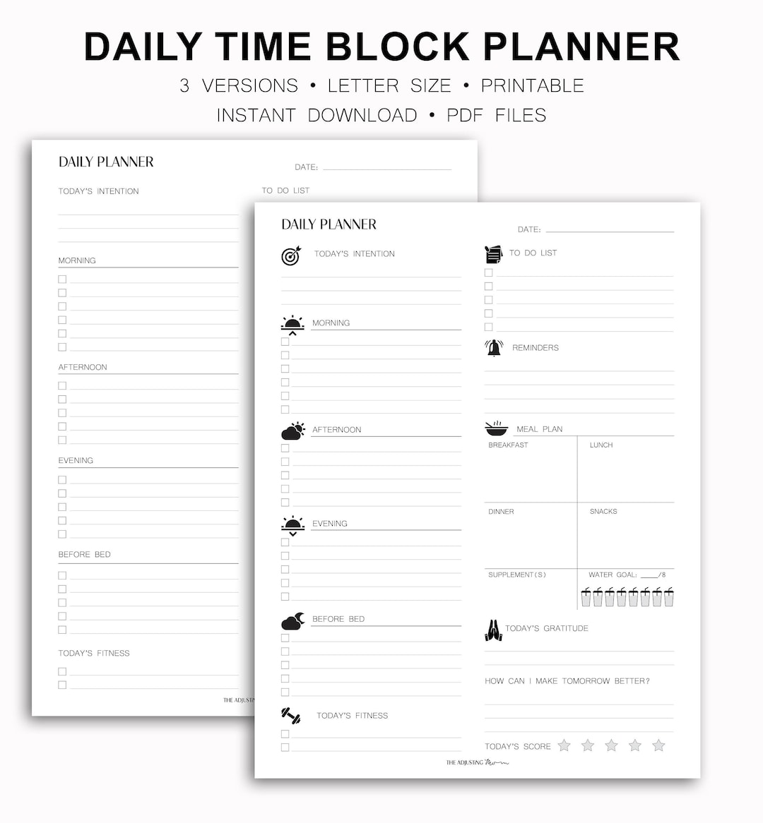Daily Time Block Planner, Printable Daily Planner With Water Tracker ...