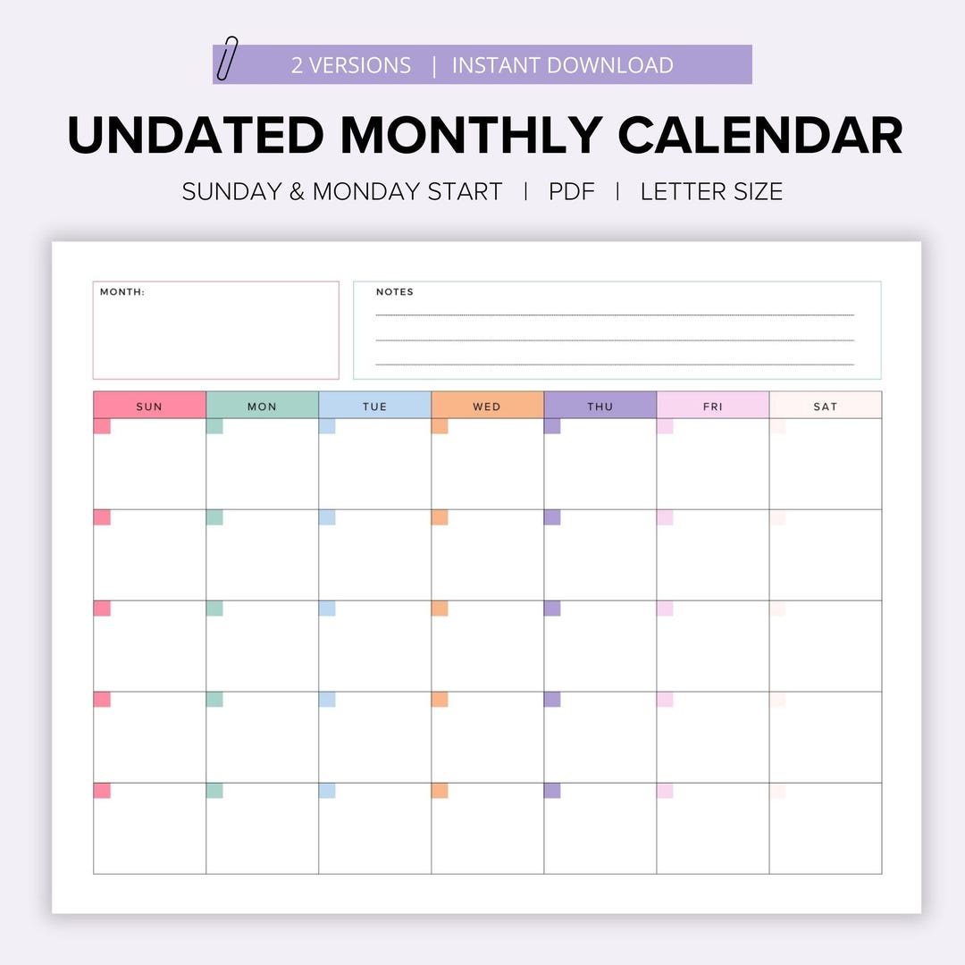 Undated Monthly Calendar Printable, Monday & Sunday Start, Blank ...
