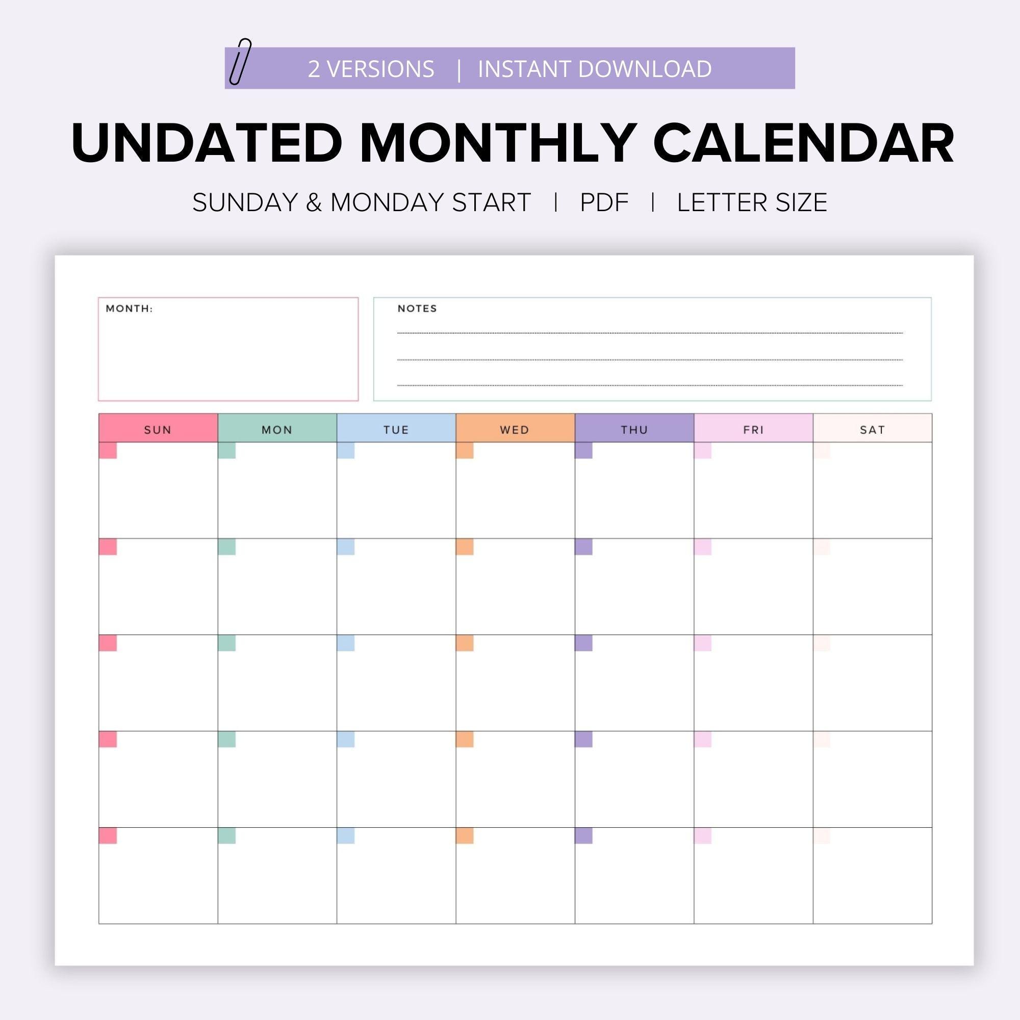 Undated Monthly Calendar Printable, Monday & Sunday Start, Blank ...