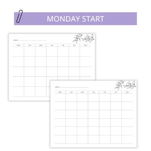 Undated Monthly Calendar Planner, Monday & Sunday Start, Printable ...