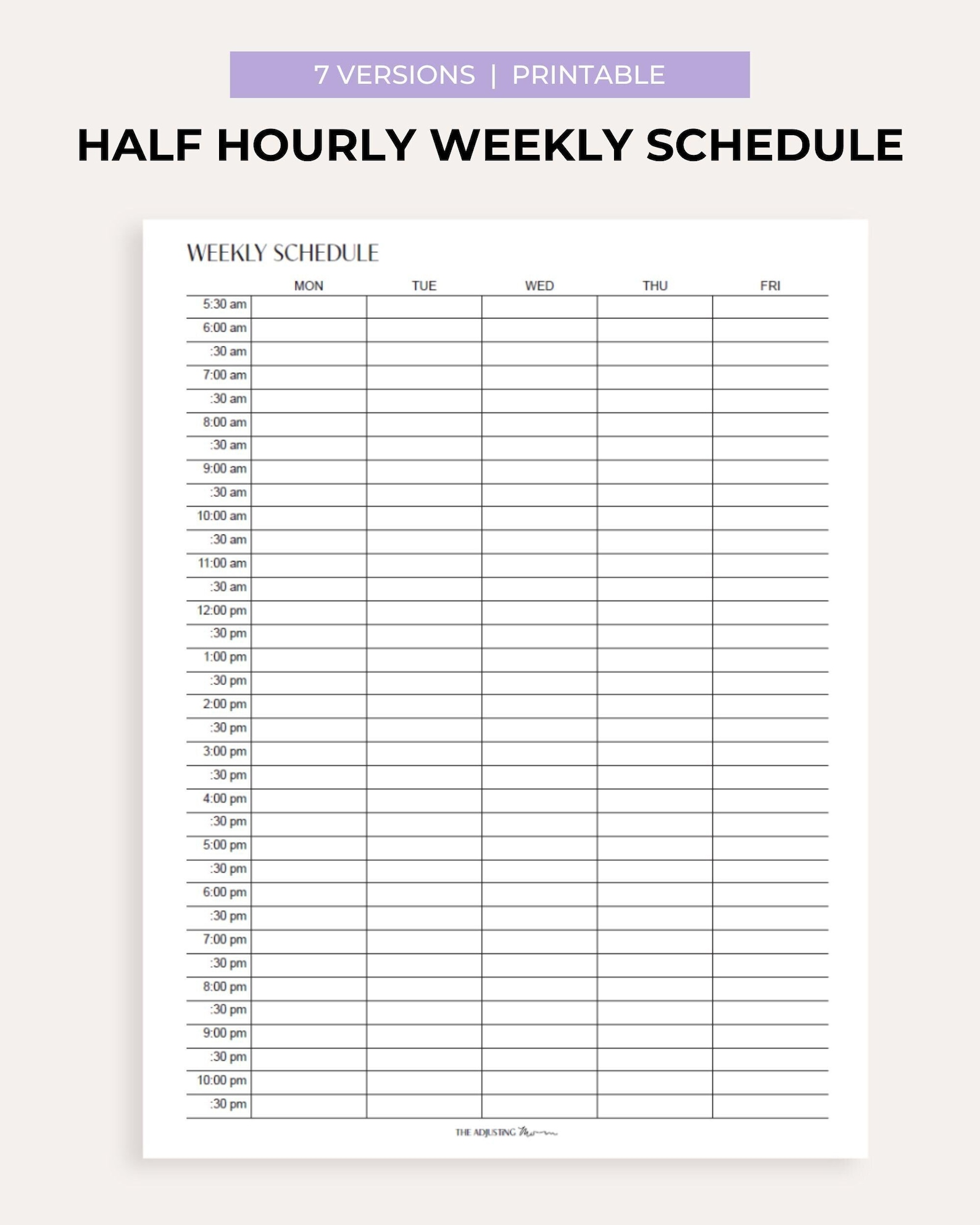 Half Hour Weekly Schedule, Printable Half Hour Planner, Weekly Half ...
