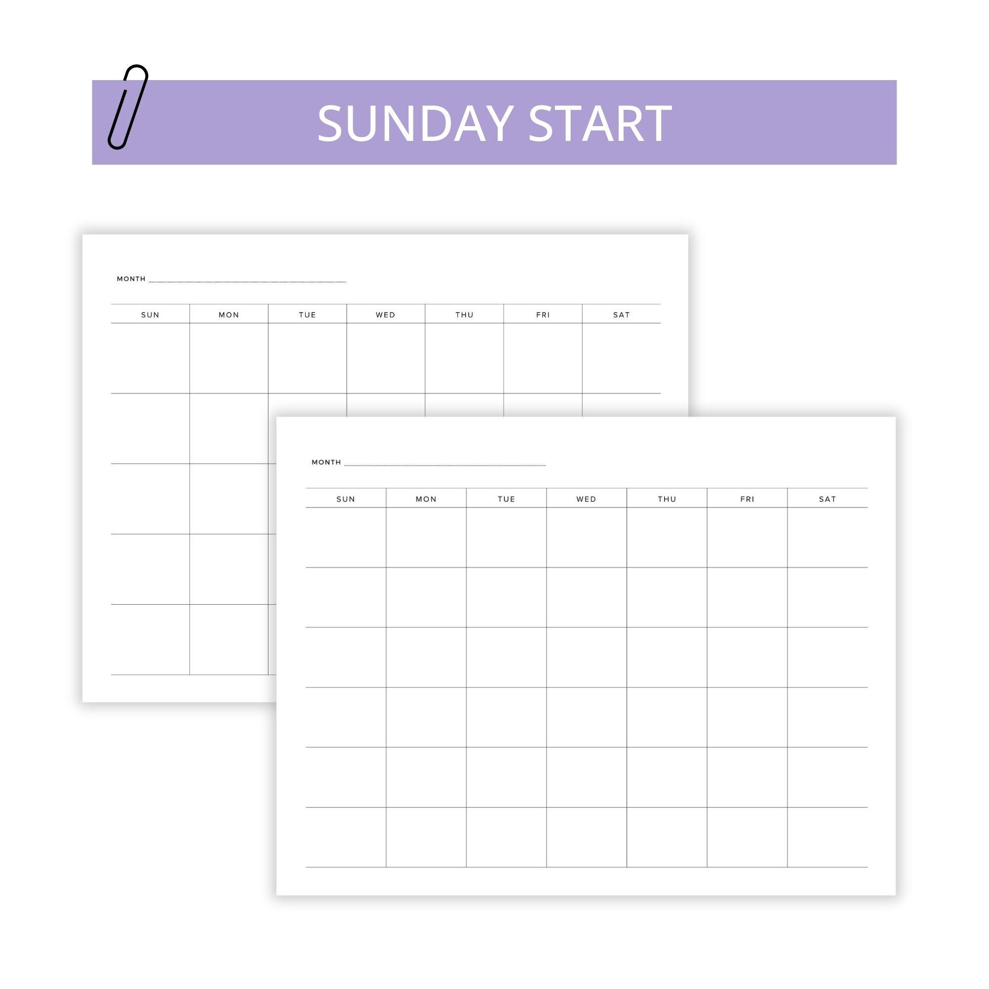 Monthly Calendar Planner Undated, Monday & Sunday Start, Printable ...