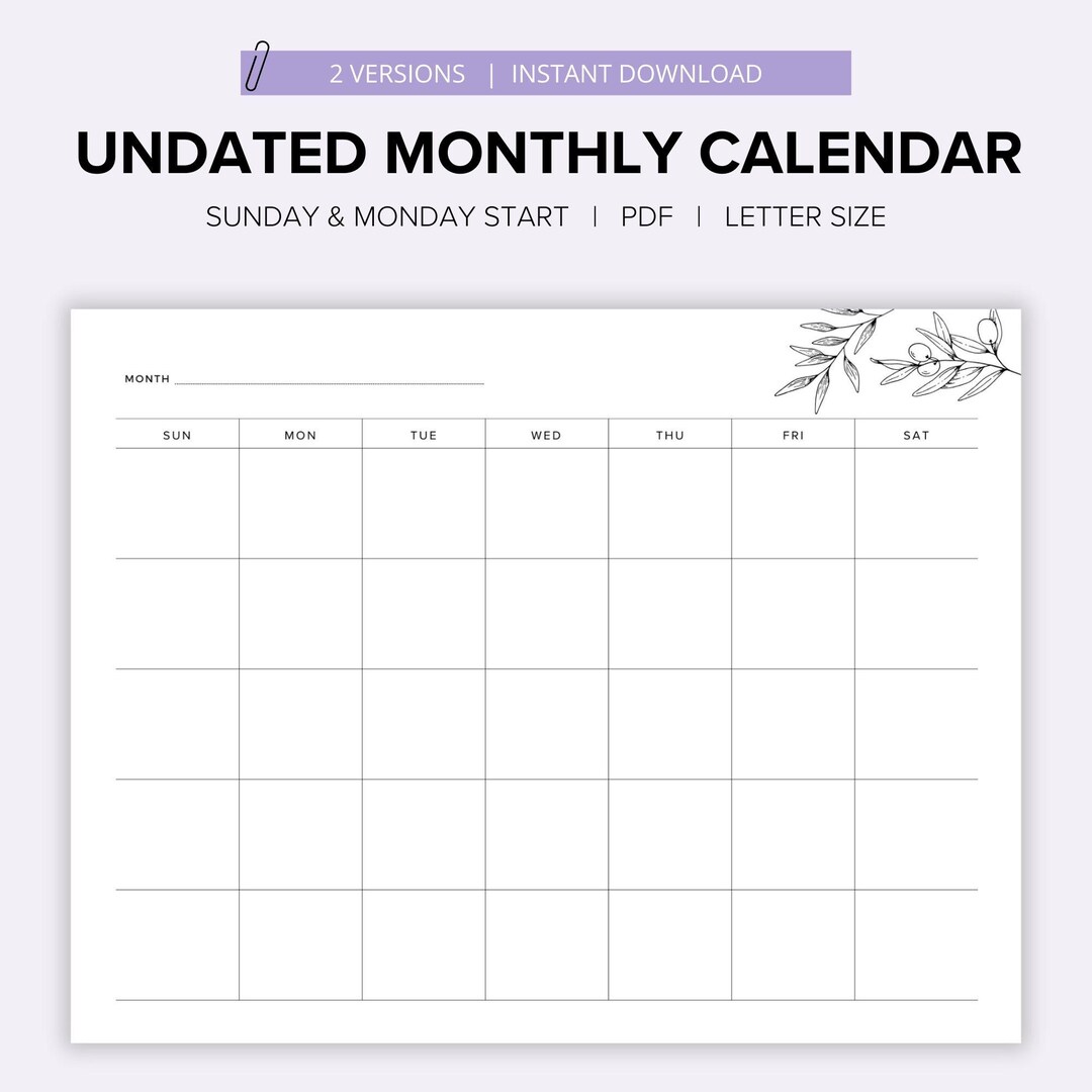 Undated Monthly Calendar Planner, Monday & Sunday Start, Printable ...