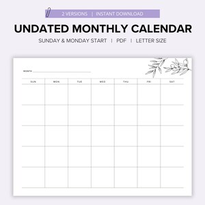 Undated Monthly Calendar Planner, Monday & Sunday Start, Printable ...