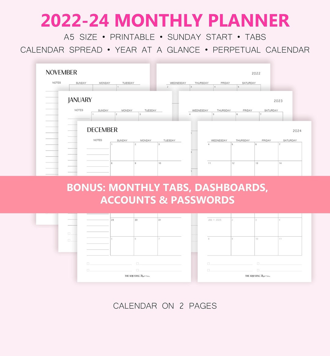 Printable 2022 2023 2024 Monthly Planner A5 Monthly Planner - Etsy