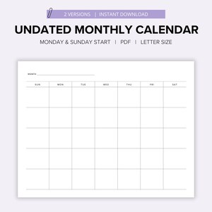Monthly Calendar Planner Undated, Monday & Sunday Start, Printable ...