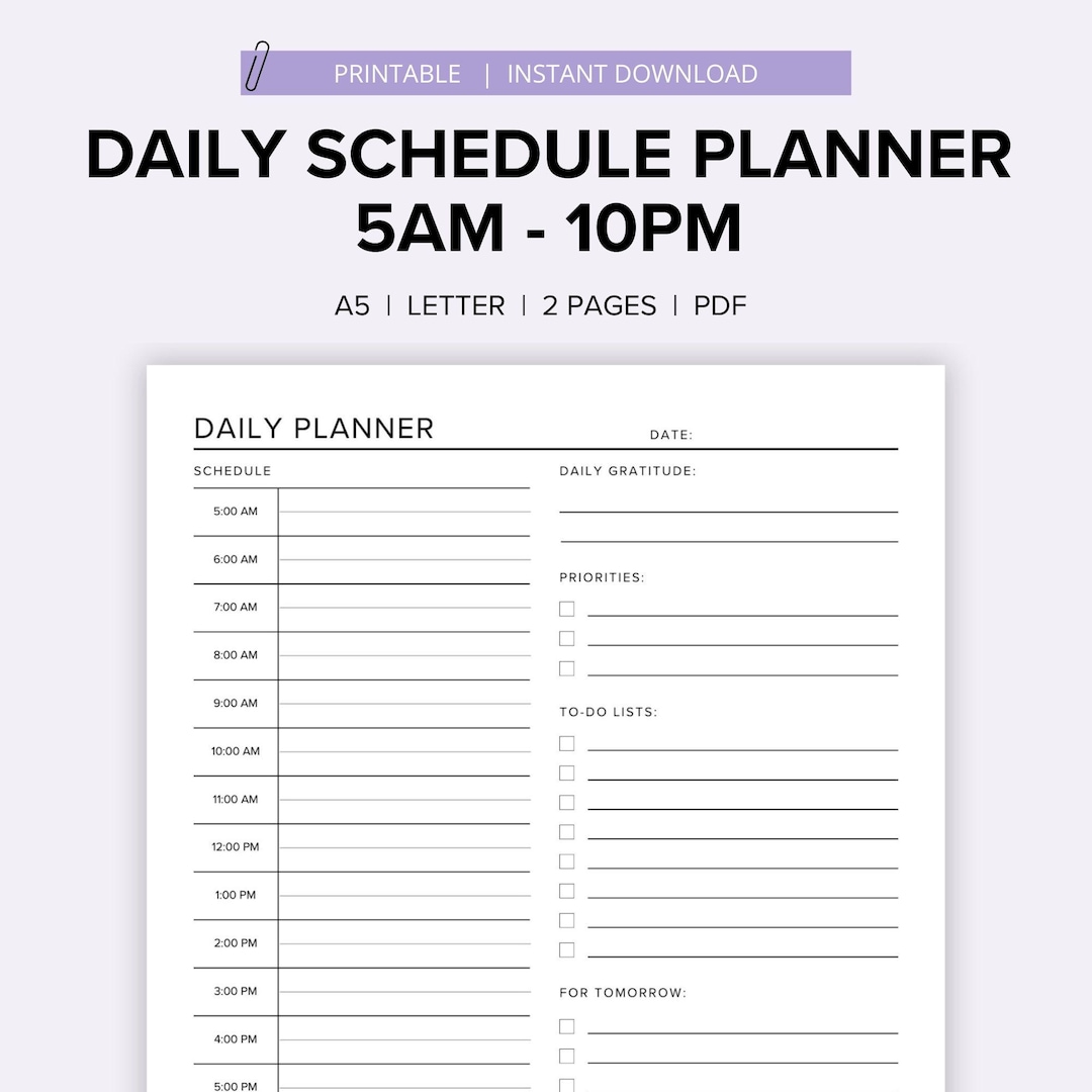 Daily Schedule Planner, Printable Daily to Do Planner, 5am to 10pm, A5 ...