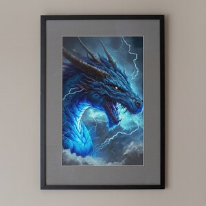 Azure Sentinel Blue Dragon Art Mythical Beast Wall Decor Digital Print ...