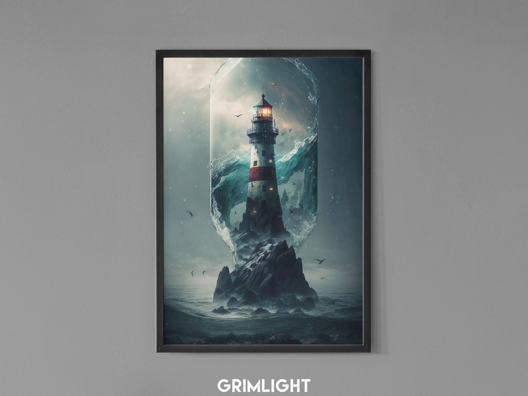 Luminous Beacon Mystical Lighthouse Digital Art Fantasy Seascape Wall ...