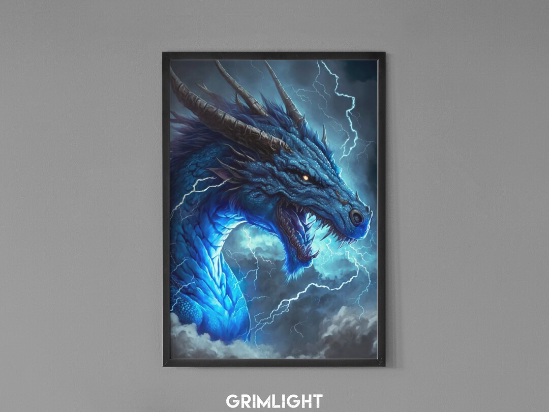 Azure Sentinel Blue Dragon Art Mythical Beast Wall Decor Digital Print ...