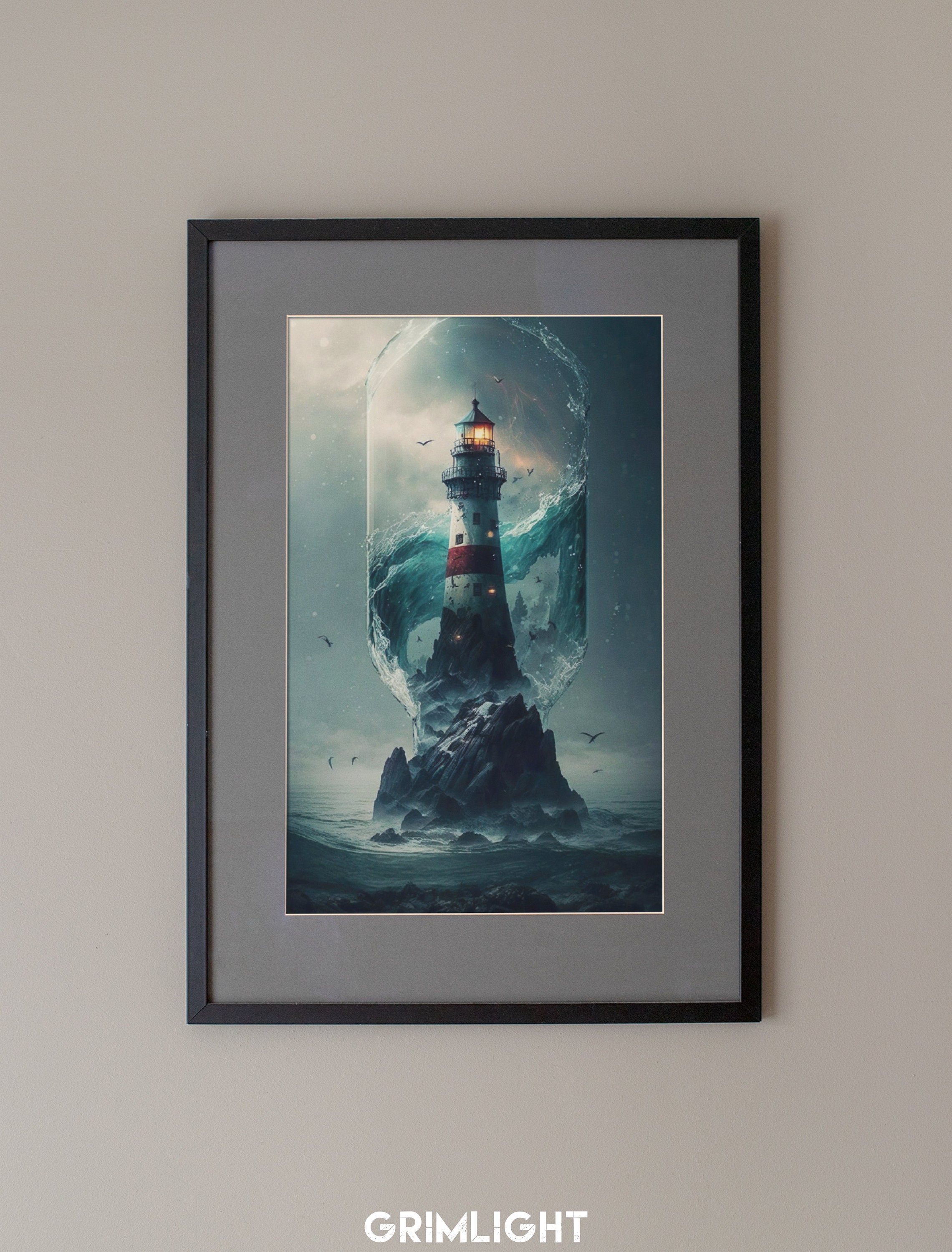 Luminous Beacon Mystical Lighthouse Digital Art Fantasy Seascape Wall ...
