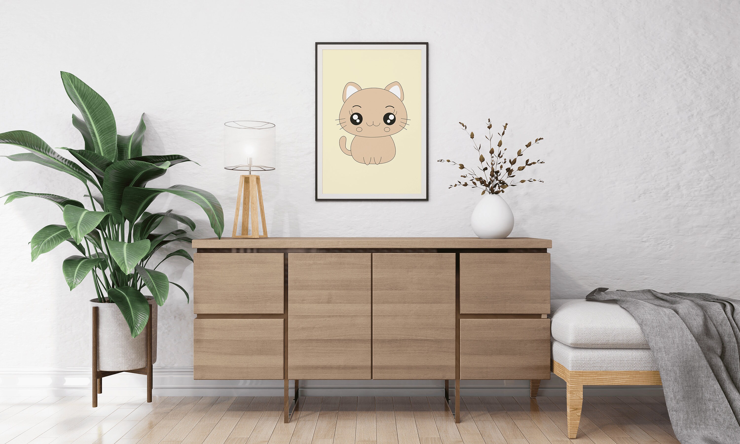 Cute Cat Wall Art, Minimalist Modern Bedroom Living Room Wall Decor ...
