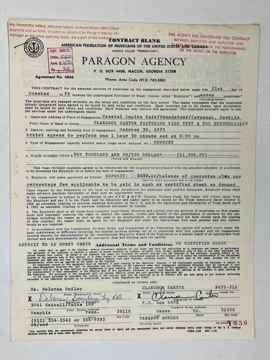 Clarence Carter Concert Contract 1975 Savannah Ga-vintage Pop Culture ...