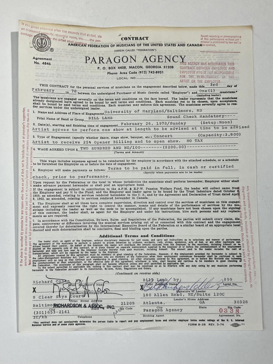 Bill Lamb Concert Contract 1978 Baltimore Md-vintage Pop Culture Music ...