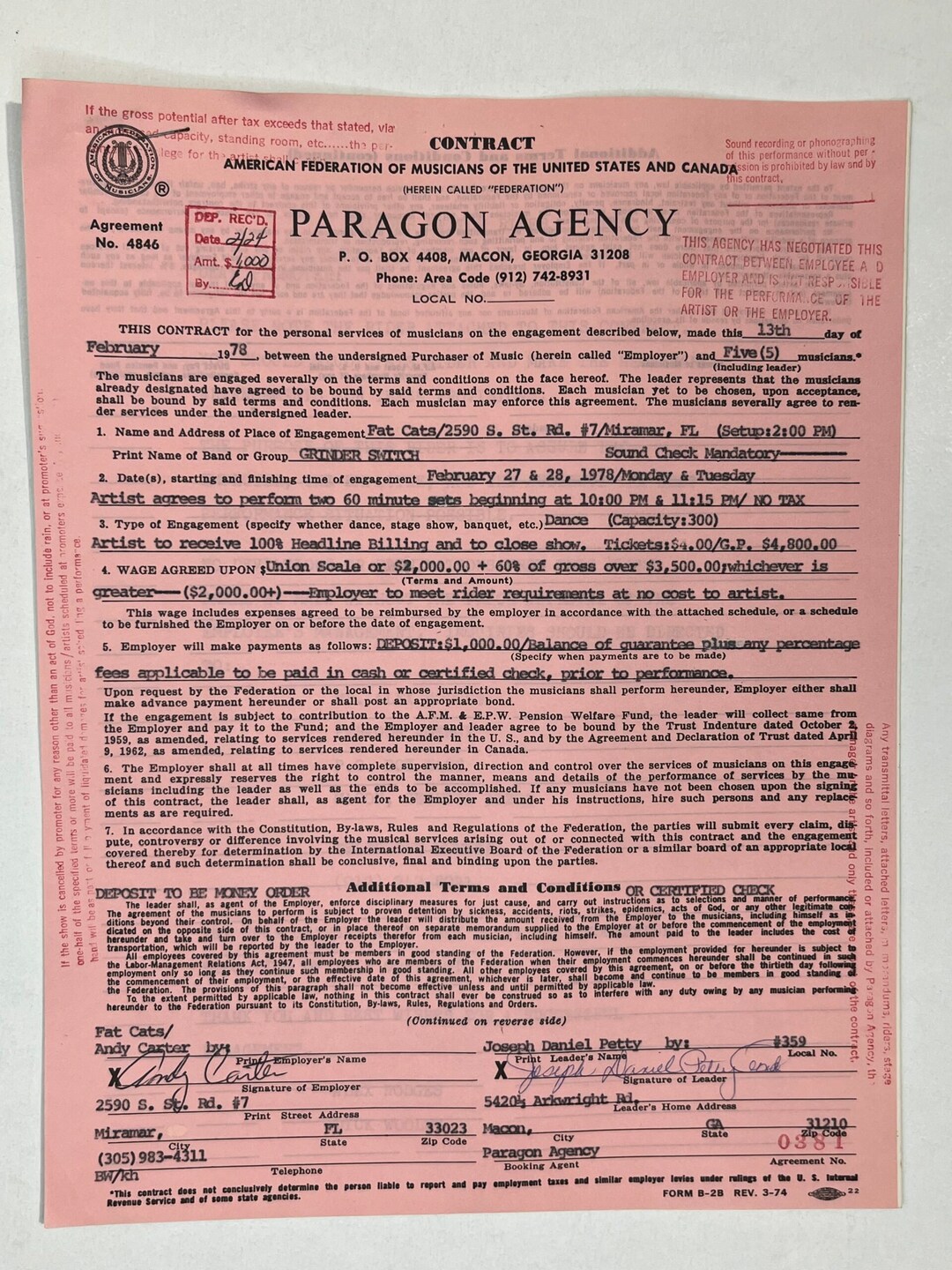 Grinderswitch Concert Contract 1978 Miramar Fl-vintage Pop Culture ...