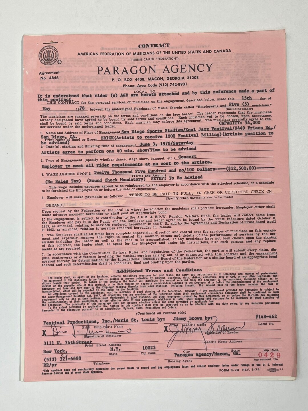Brick Concert Contract 1978 San Diego Ca-vintage Pop Culture Music ...