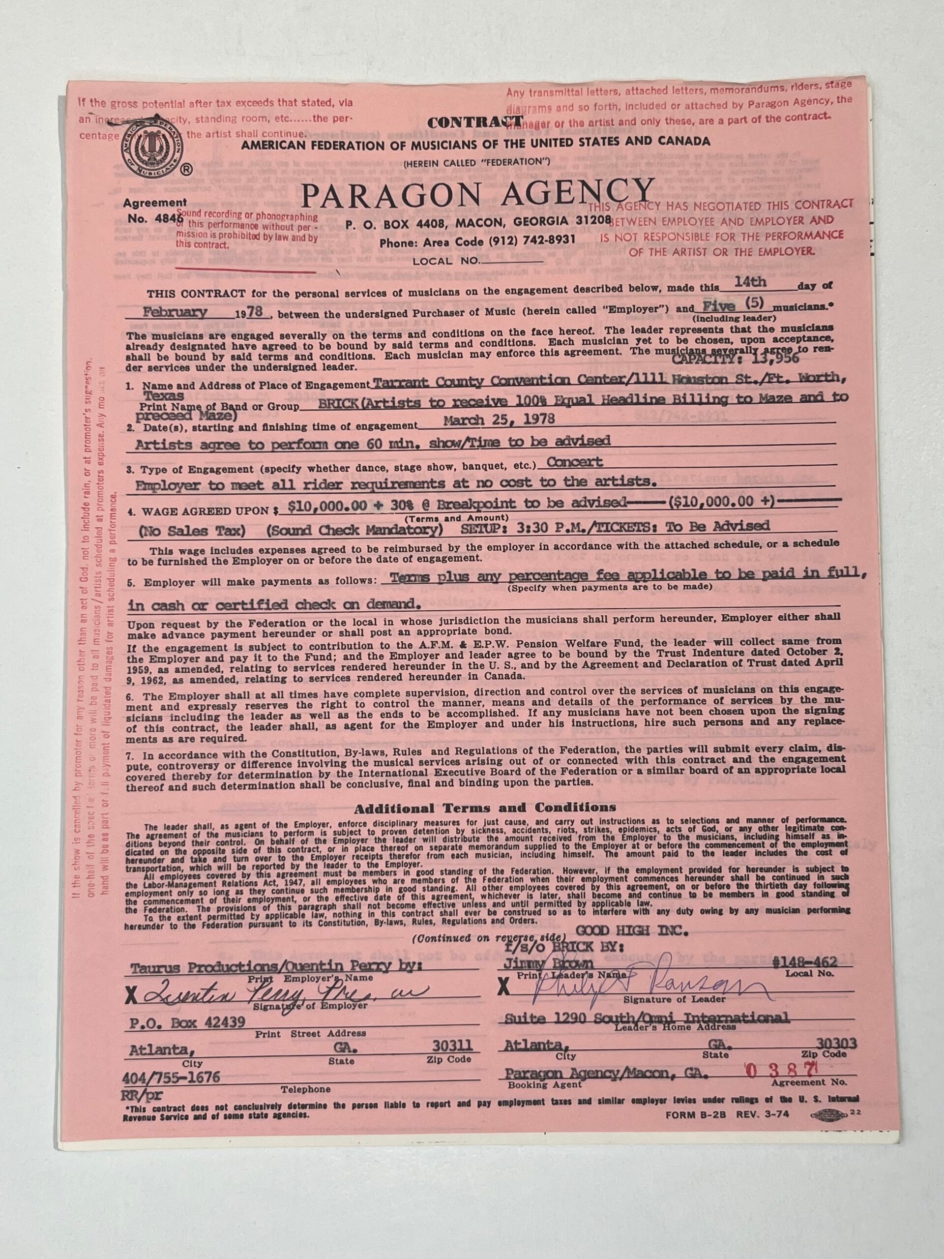Brick Concert Contract 1978 Ft Worth TX - Etsy
