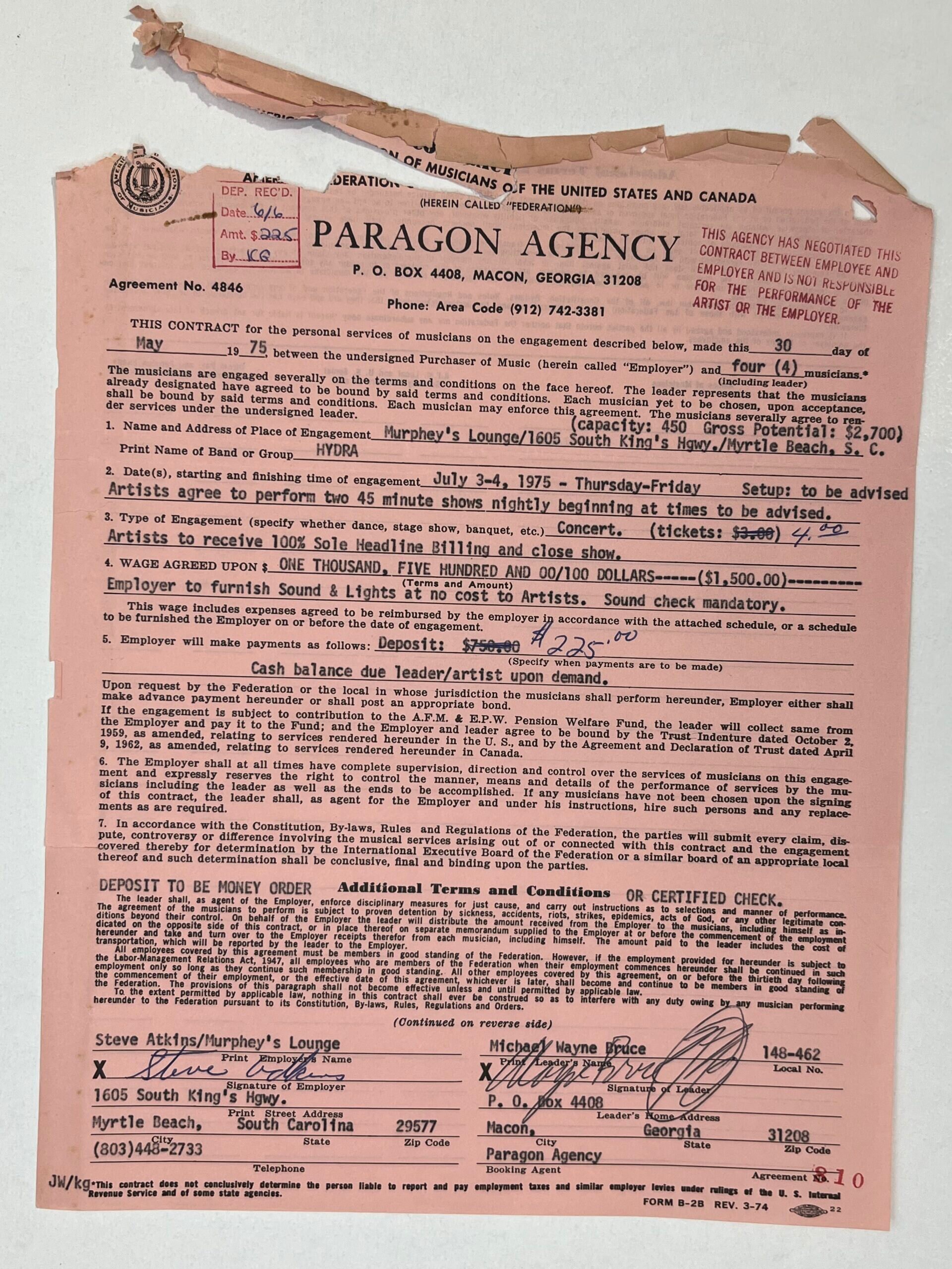 Hydra Concert Contract 1975 Myrtle Beach SC - Etsy