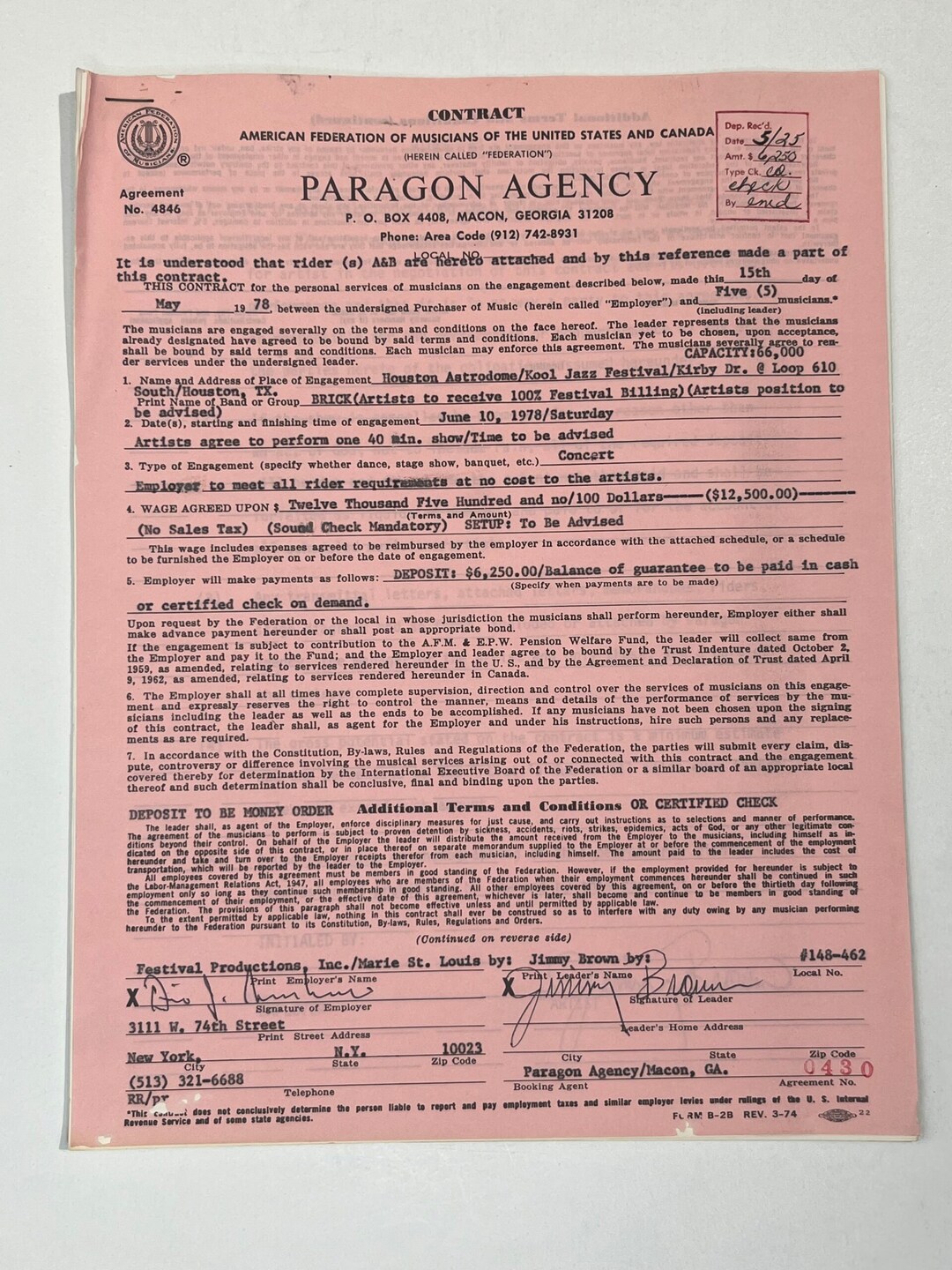 Brick Concert Contract 1978 Houston Tx-vintage Pop Culture Music ...