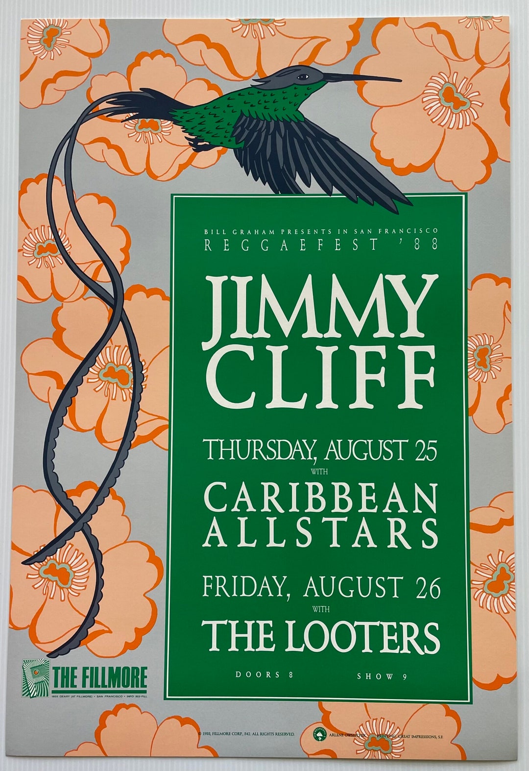 Jimmy Cliff Concert Poster 1988 F-42 Vintage Fillmore Poster Print ...
