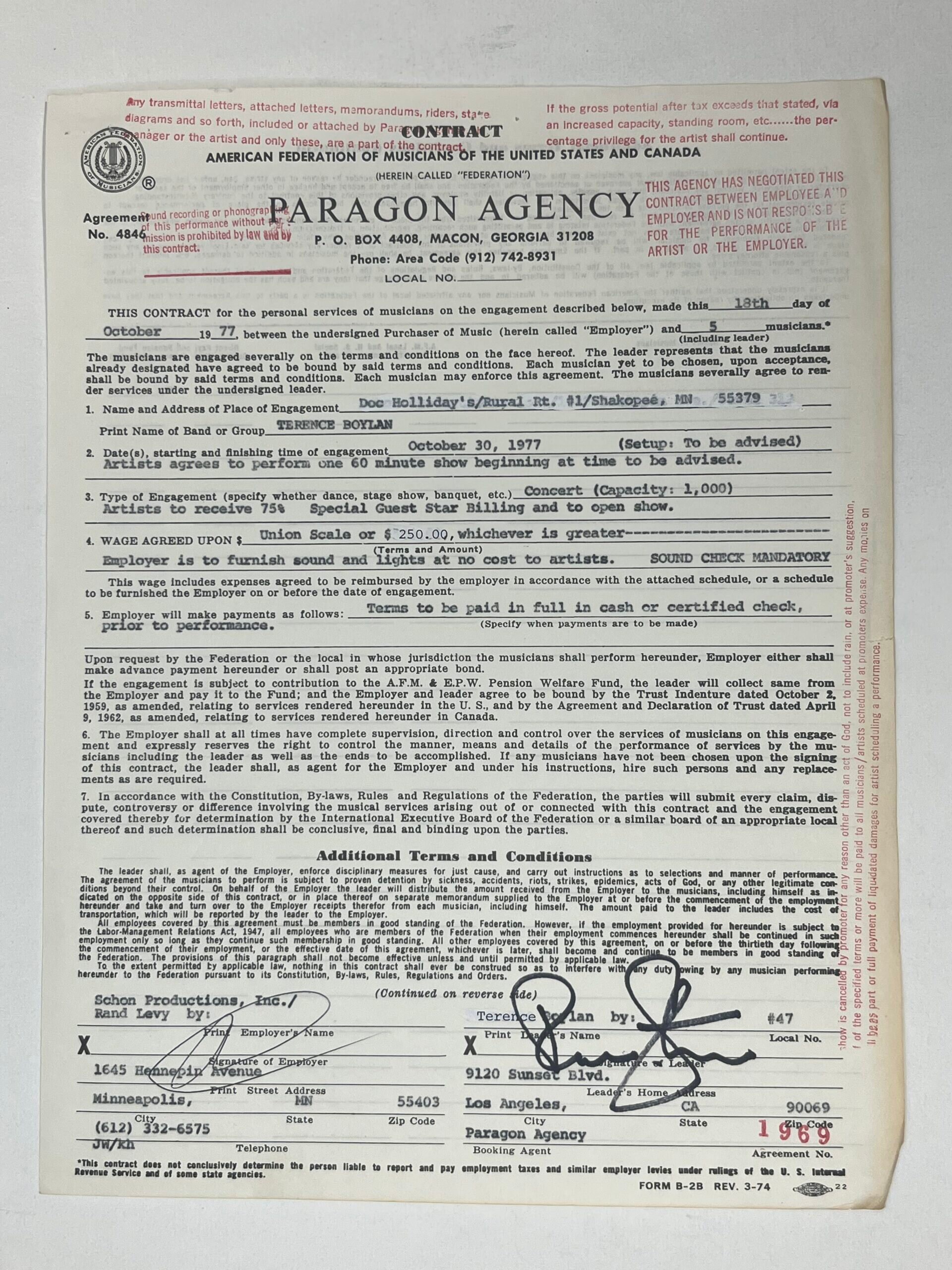Terence Boylan Concert Contract 1977 Shakopee Mn-vintage Pop Culture ...
